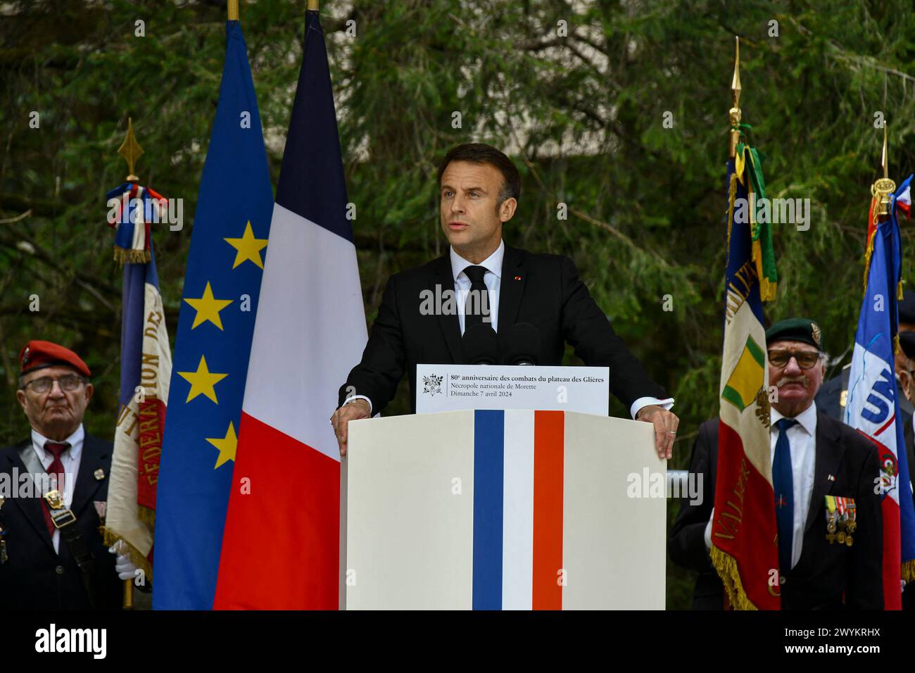 Glieres, France. 07th Apr, 2024. French President Emmanuel Macron gives ...