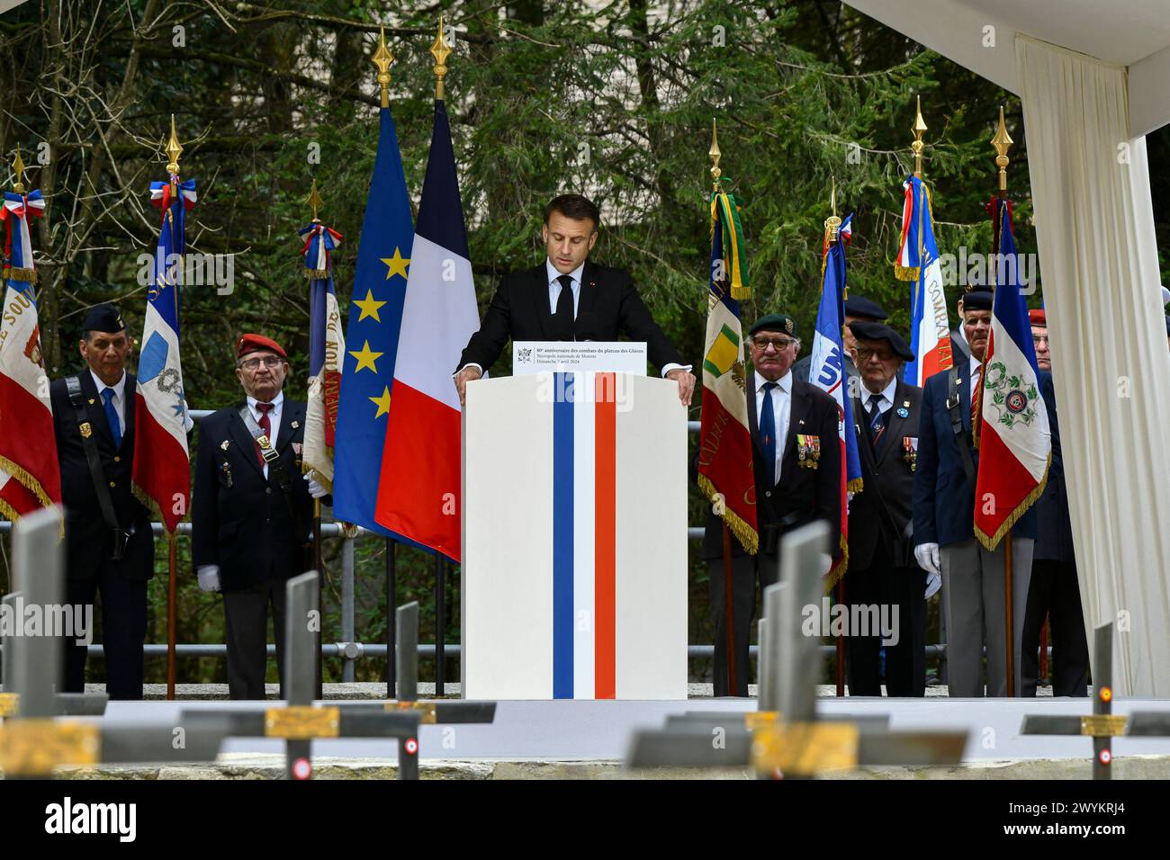 Glieres, France. 07th Apr, 2024. French President Emmanuel Macron gives ...