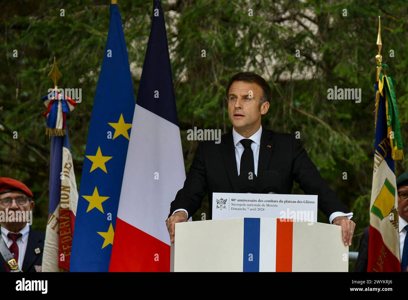 Glieres, France. 07th Apr, 2024. French President Emmanuel Macron gives ...