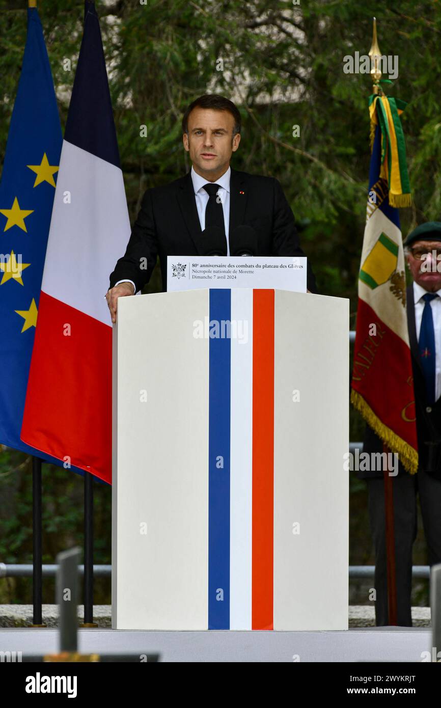 Glieres, France. 07th Apr, 2024. French President Emmanuel Macron gives ...