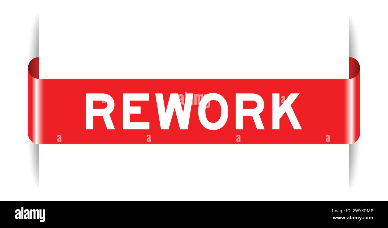 Red color inserted label banner with word rework on white background ...