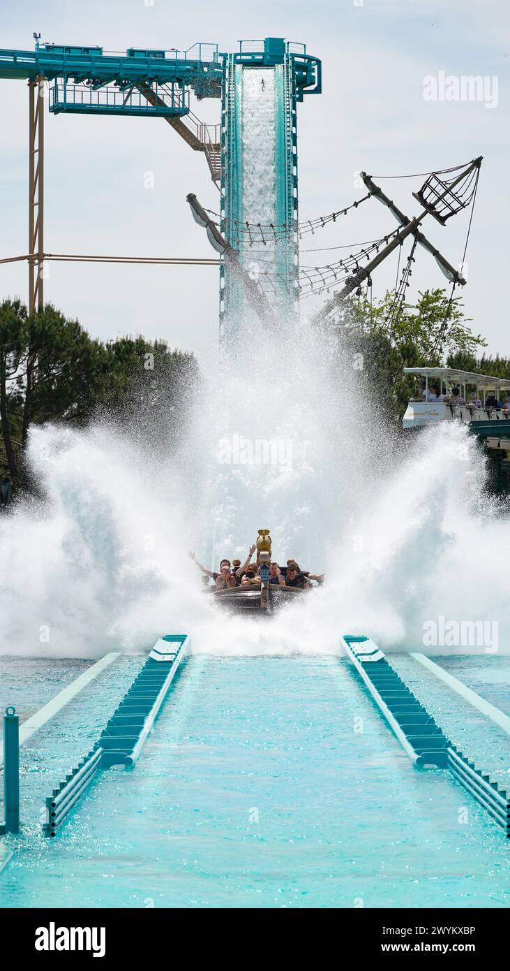 Rust, Germany - 14.07.2023: Young People have fun on the "Atlantica SuperSplash" water coaster ...