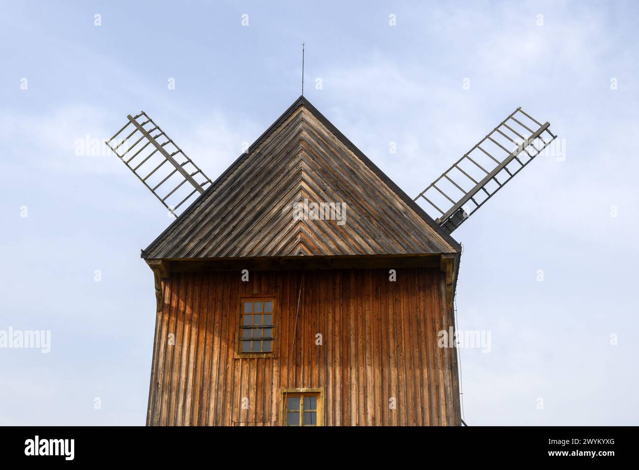 Mokry Dwor, Poland - April 7, 2024: Traditional wooden paltrak windmill ...