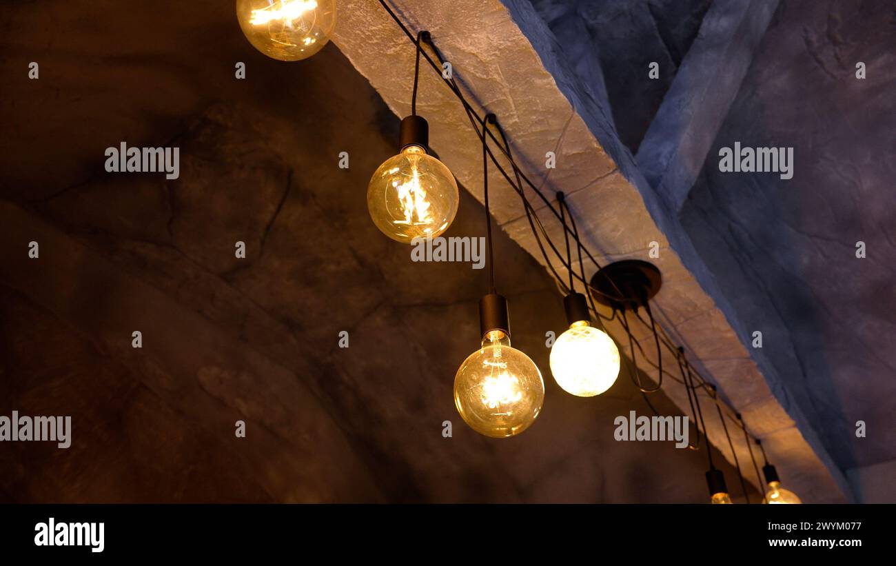 Retro incandescent lamps in realistic design. Glowing ceiling ...