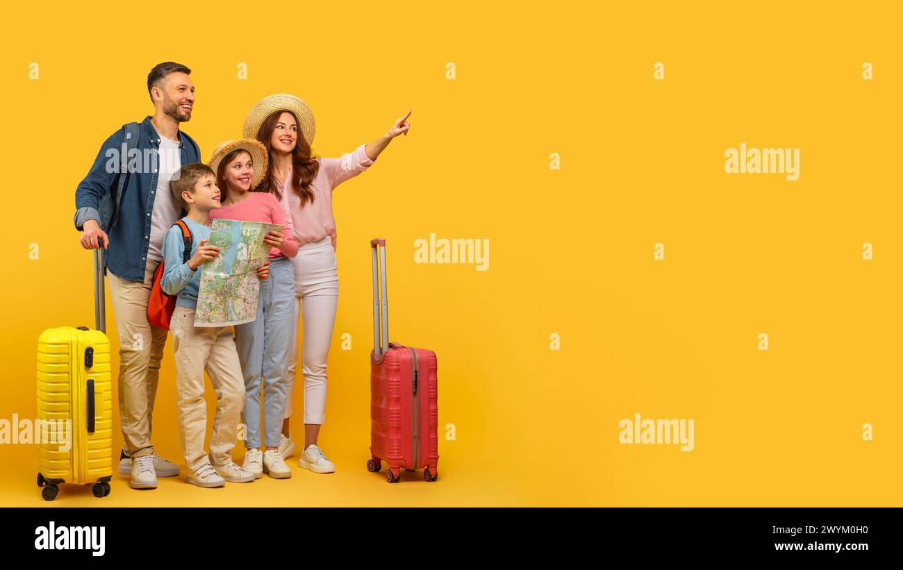Family ready for vacation with luggage and map Stock Photo - Alamy