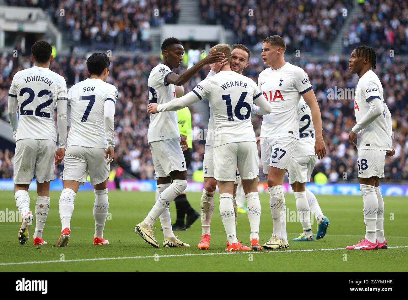 Tottenham Hotspur's Timo Werner (centre) and team-mates celebrate their ...