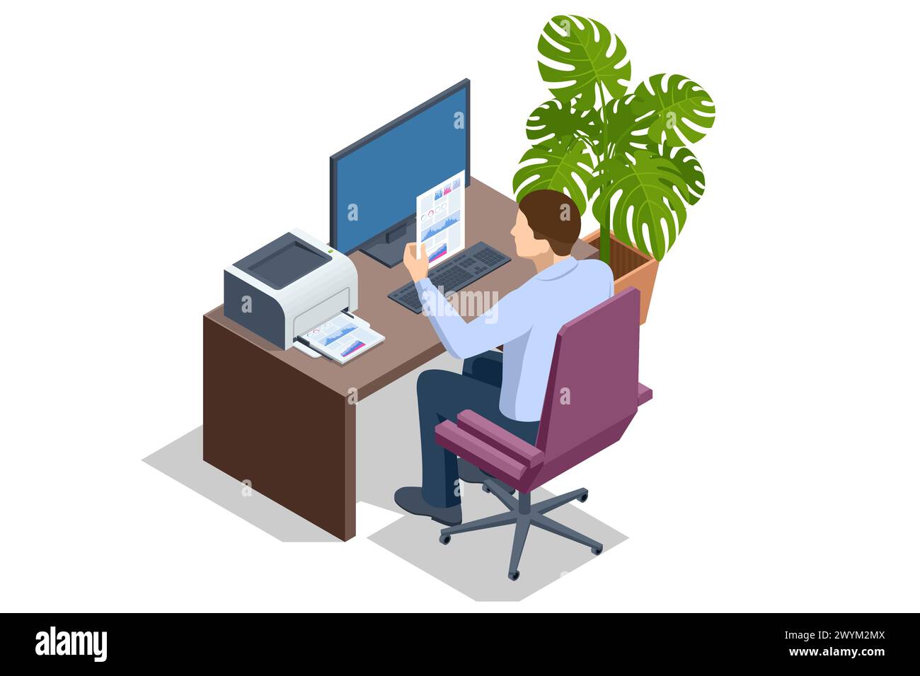 Isometric man using modern printer in office. New modern printer ...