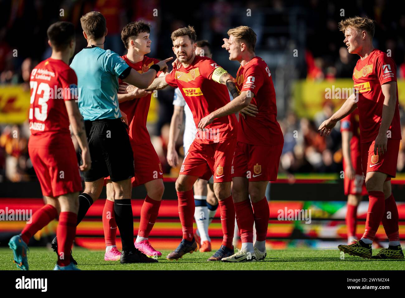 FC Nordsjaelland's Kian Hansen and referee Jacob Karlsen during the 3F ...