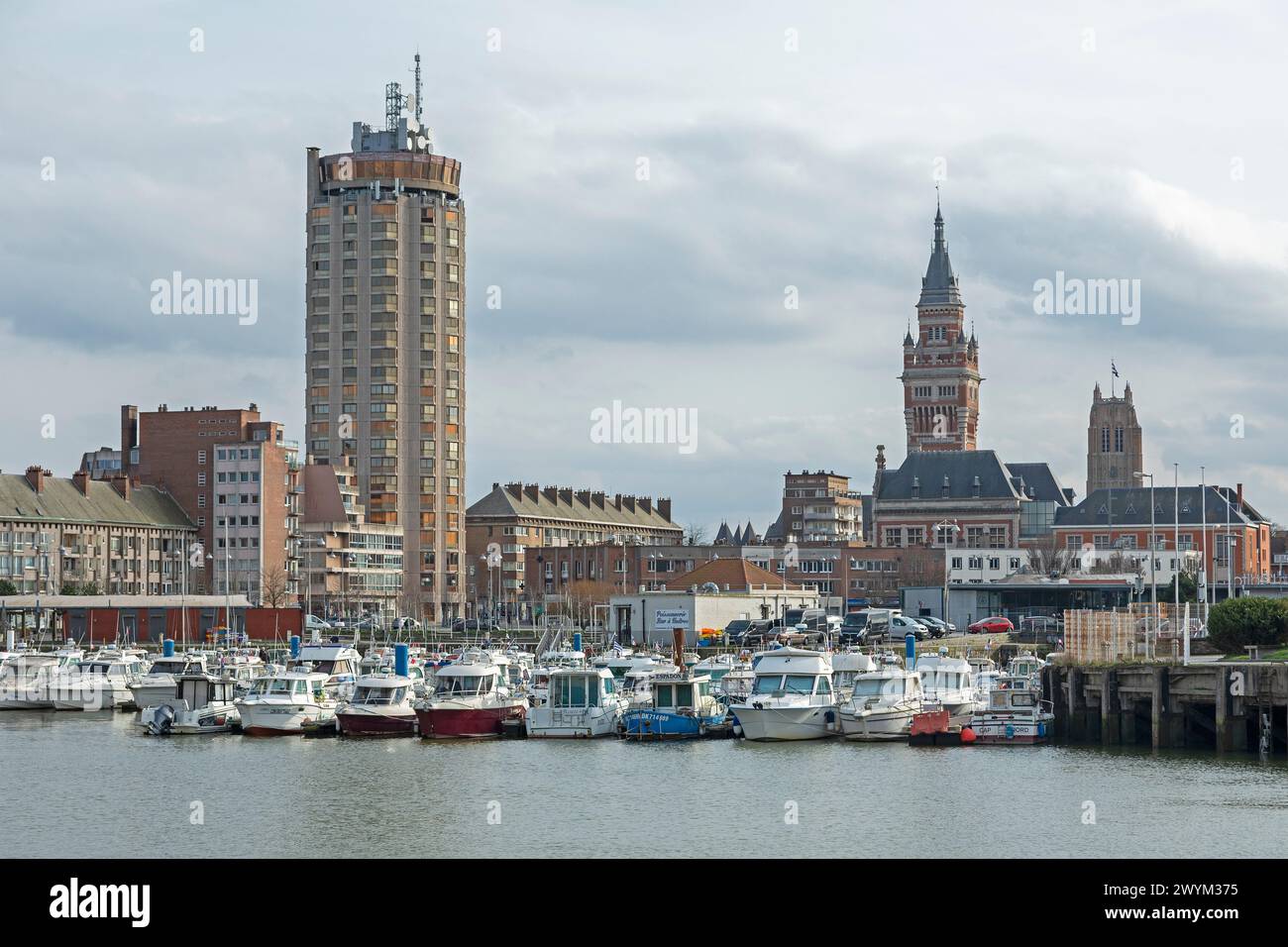 Boats, marina, high-rise building, houses, tower of Hotel de Ville ...
