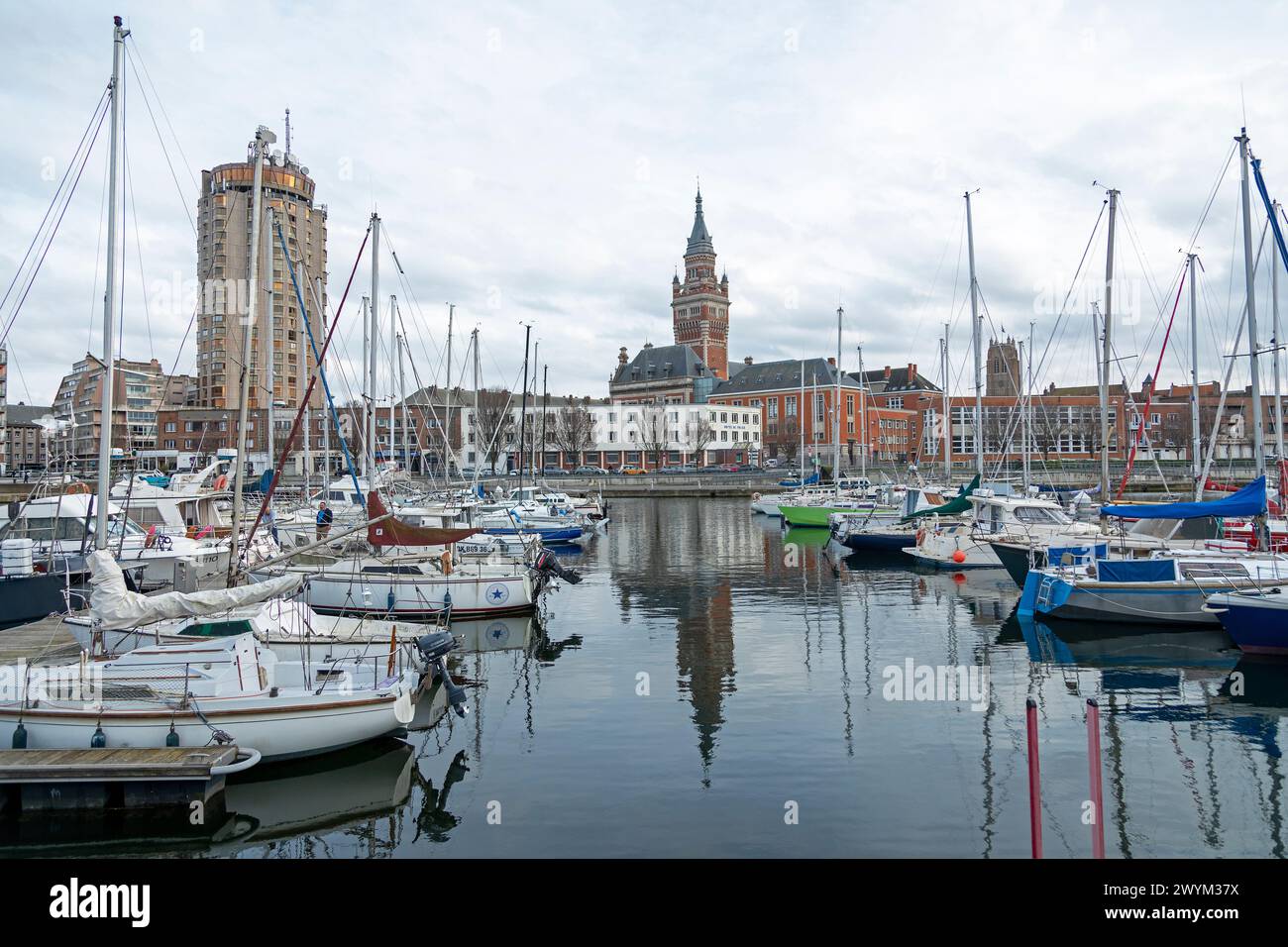Boats, marina, high-rise building, houses, tower of Hotel de Ville ...