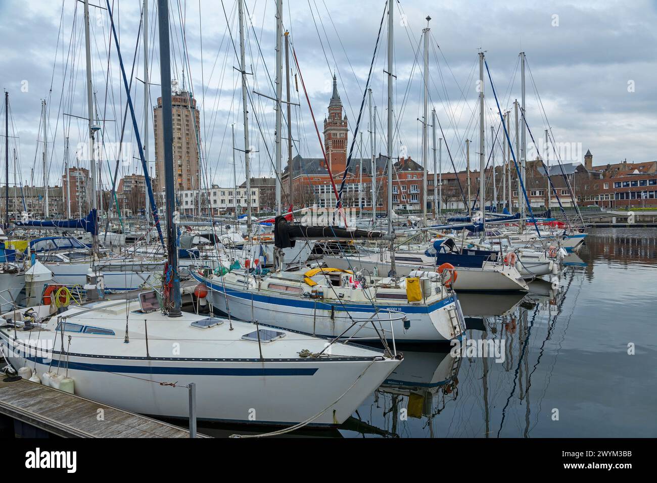 Boats, marina, high-rise building, houses, tower of Hotel de Ville ...