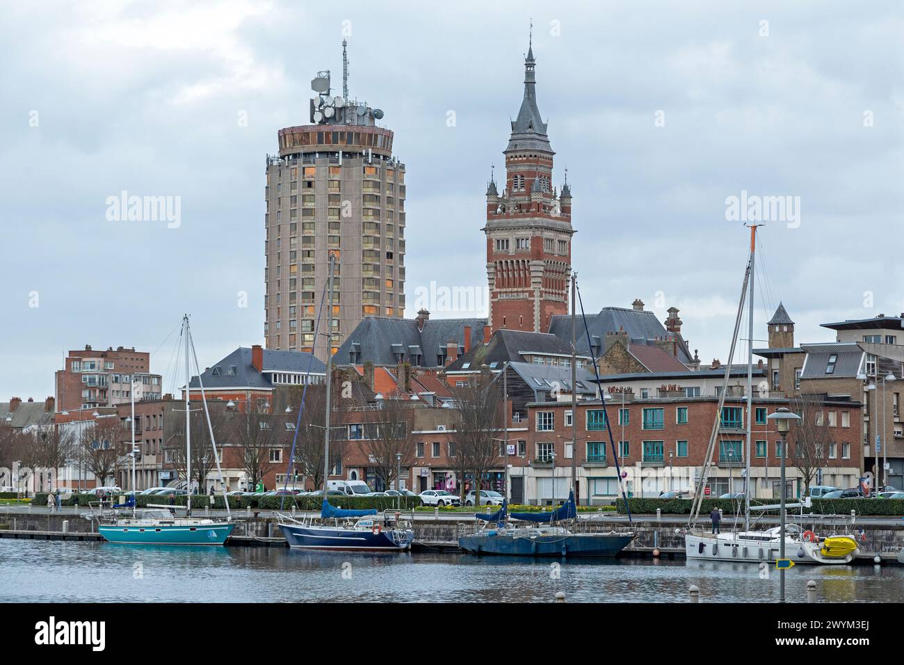 Boats, marina, high-rise building, houses, tower of Hotel de Ville ...