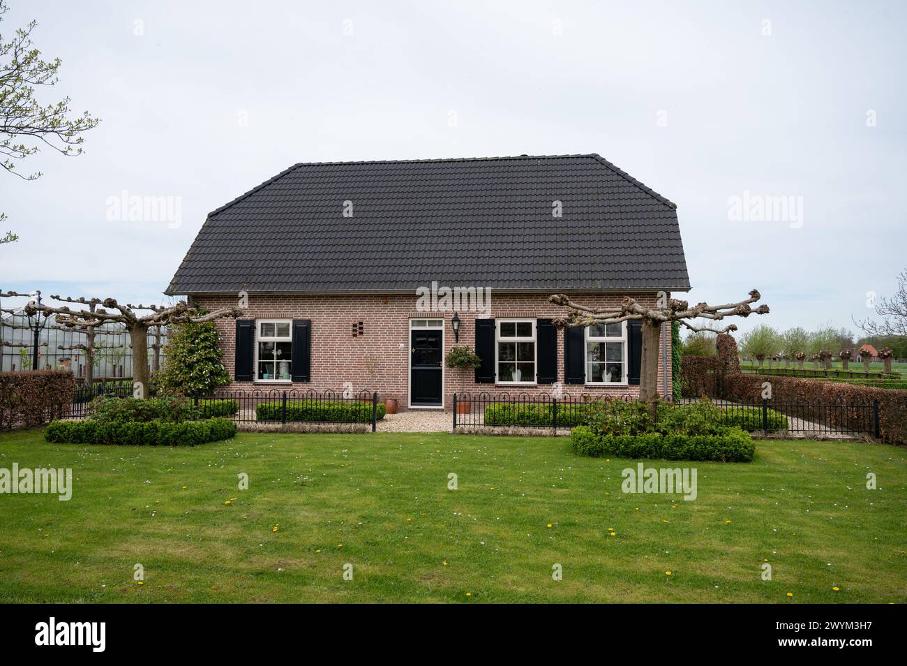 Rural Dutch landscape with traditional village houses, gardens and ...