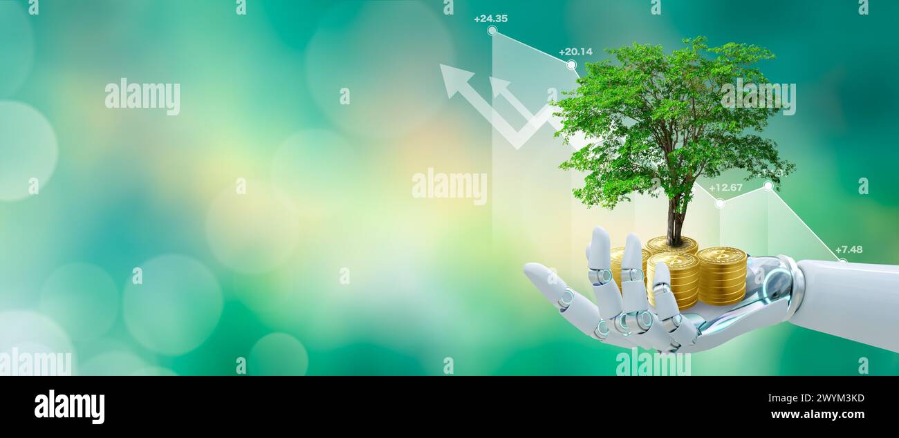 Robot hand holding Growing tree on coins with stock graph over Green ...