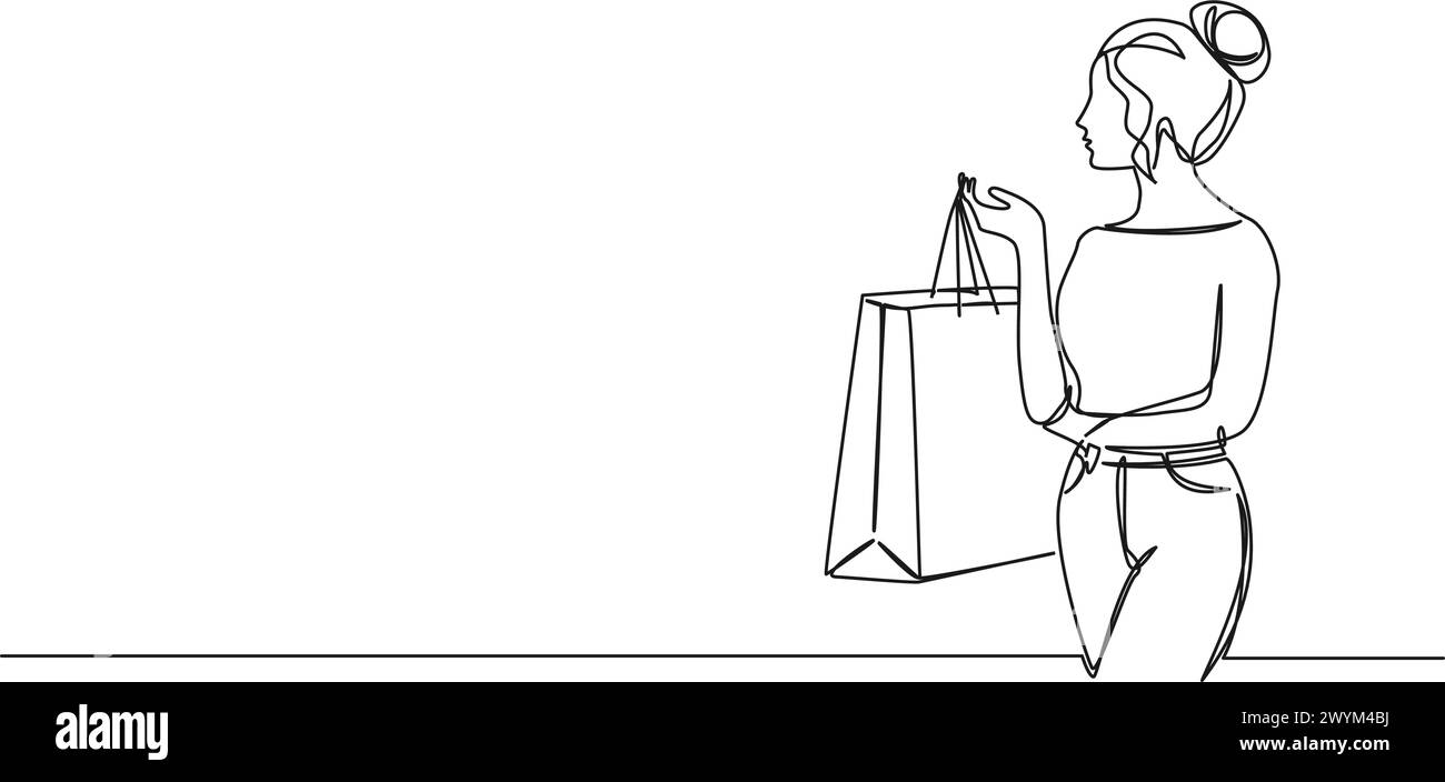 continuous single line drawing of woman with shopping bag, line art ...