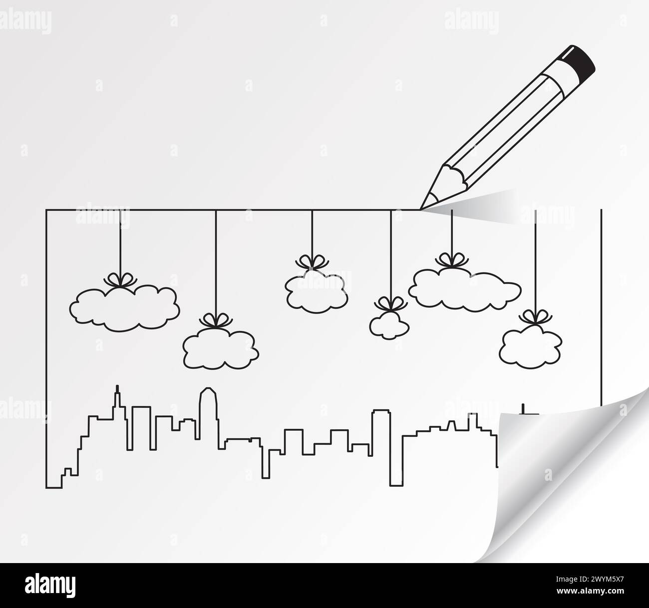 vector pencil drawing of city contours of buildings and clouds Stock ...