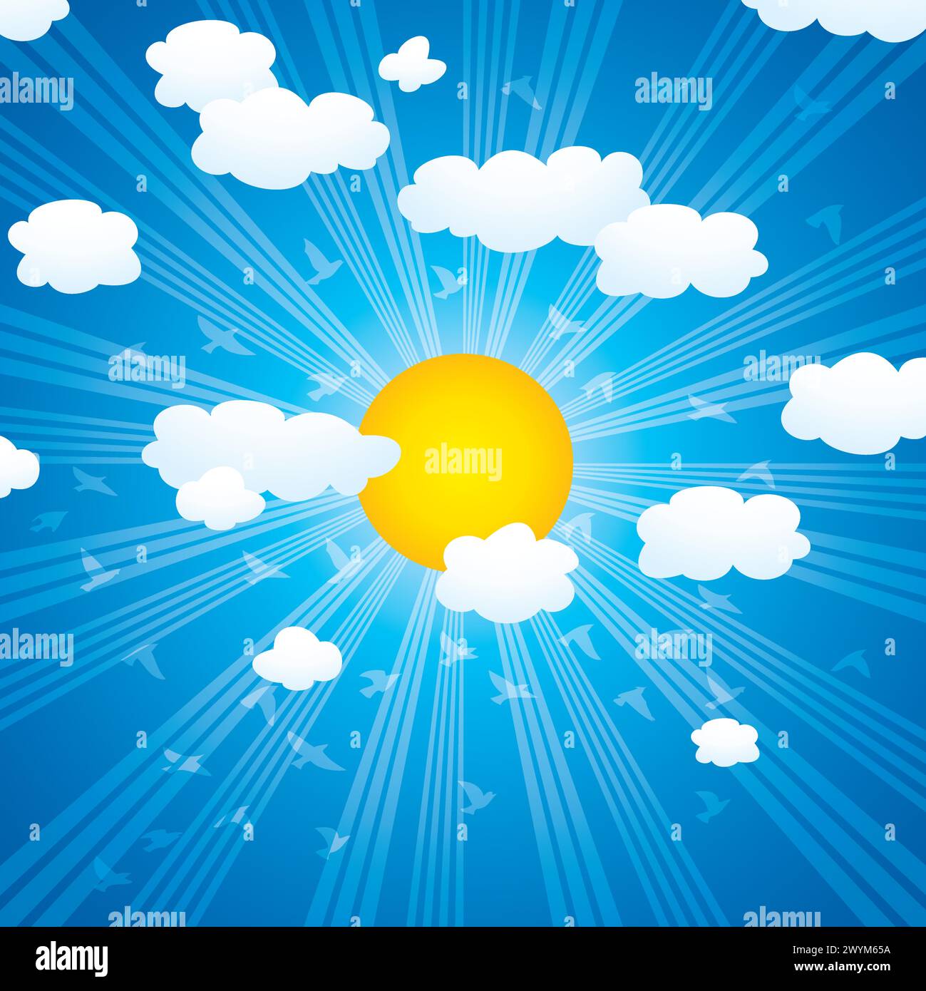 vector cartoon background with clouds, sun rays and flying birds in the ...