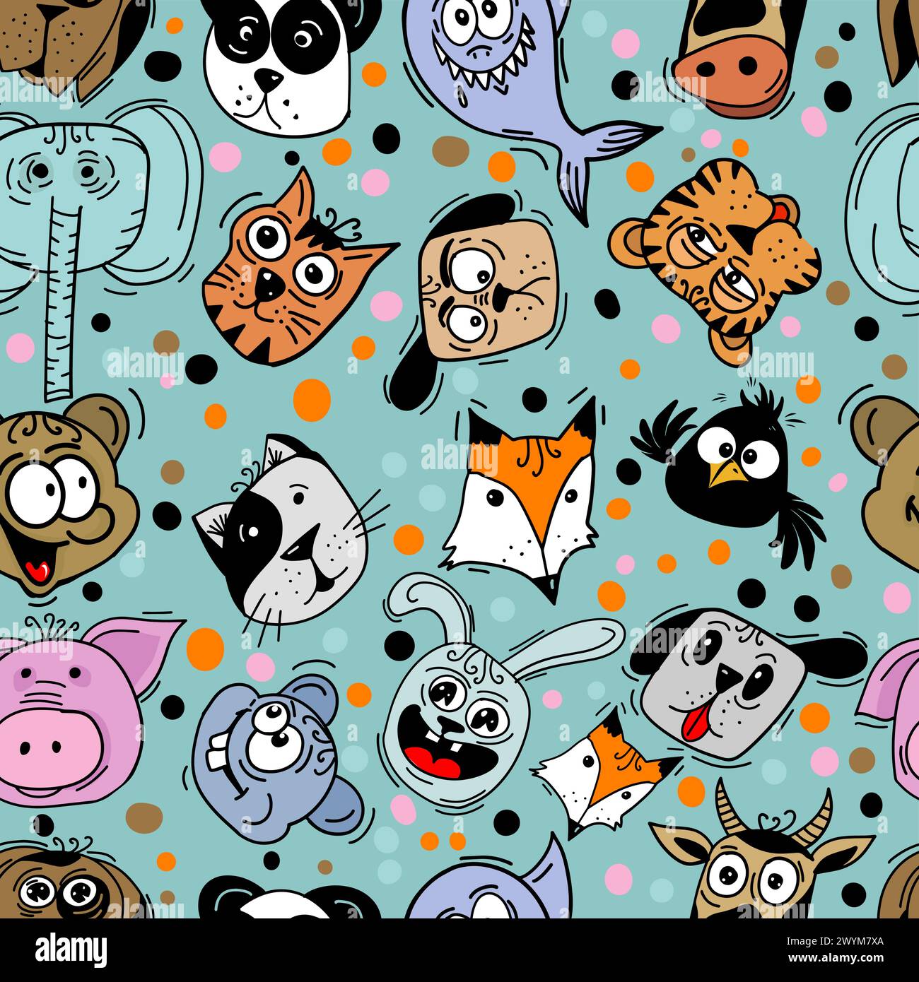 Seamless pattern of colored funny animals. Not AI, Color flat Vector ...