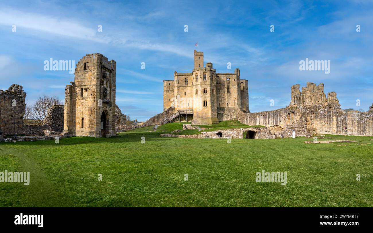 WARKWORTH CASTLE, NORTHUMBERLAND, UK - MARCH 16, 2024. Panoramic ...