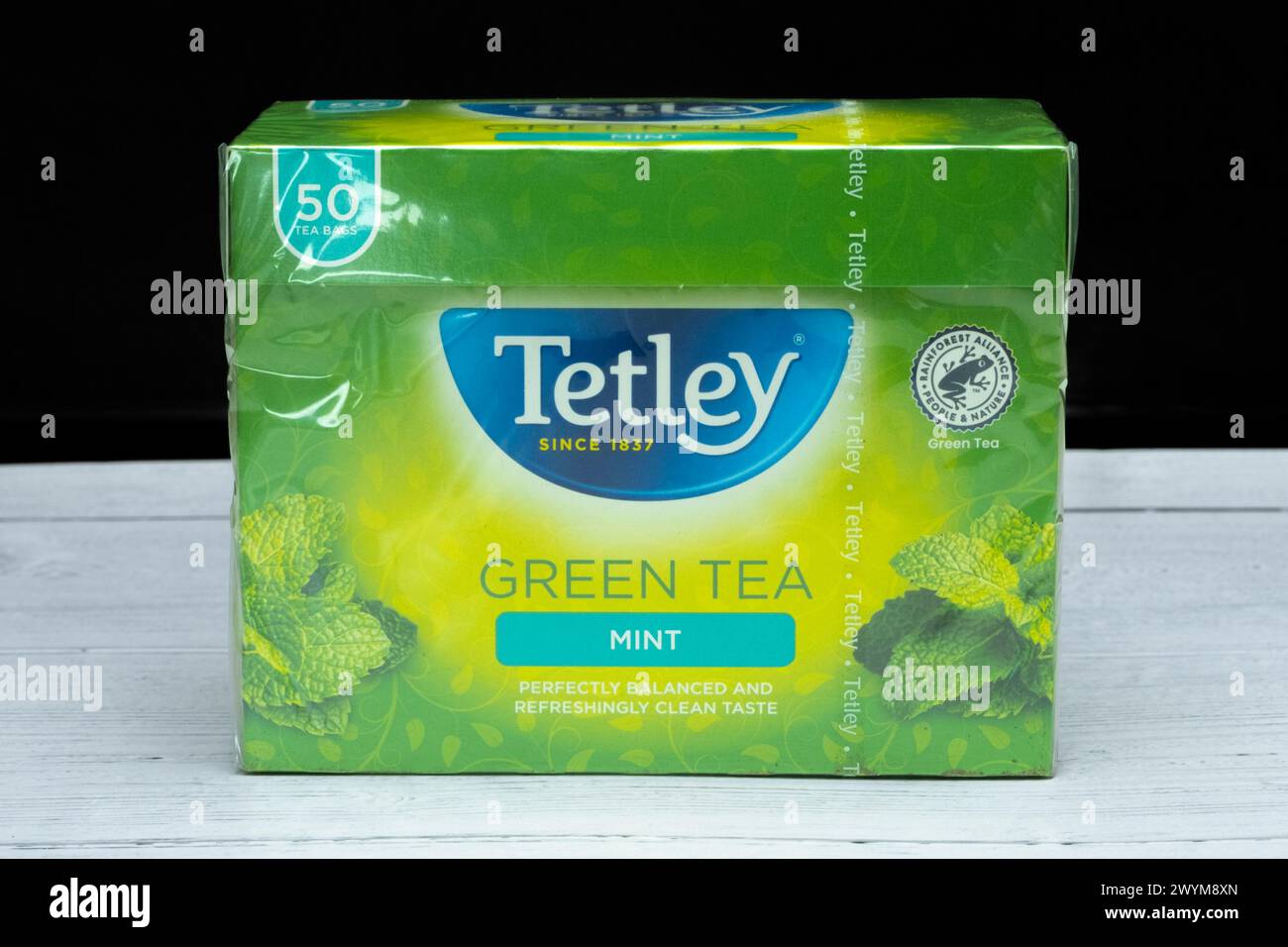 Irvine, Scotland, UK - March 26, 2024: Box of Tetley Mint green tea in ...