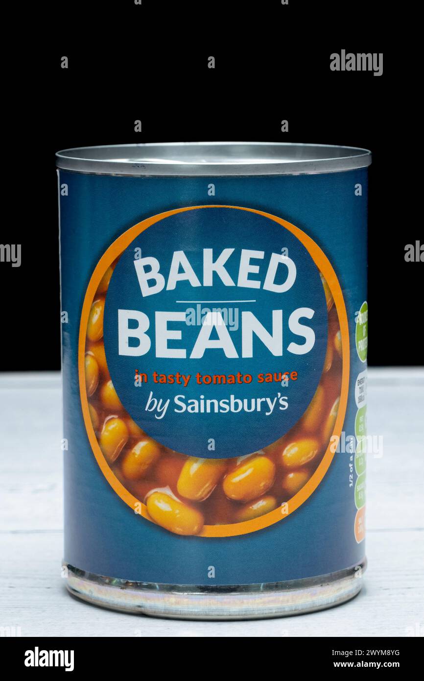 Irvine, Scotland, UK - March 26, 2024: Sainsbury’s baked beans in a tin ...