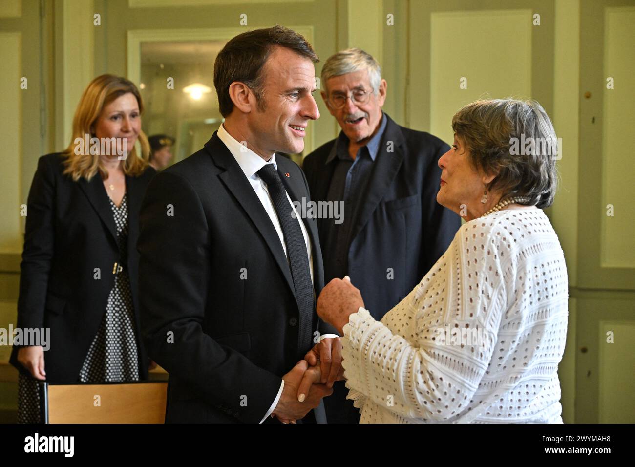 Izieu, France. 07th Apr, 2024. French President Emmanuel Macron flanked ...