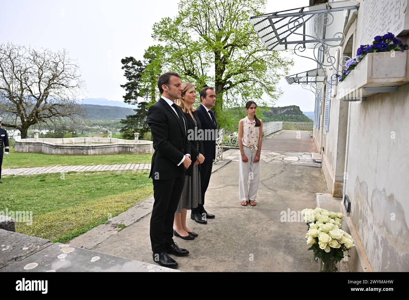 Izieu, France. 07th Apr, 2024. French President Emmanuel Macron, with ...