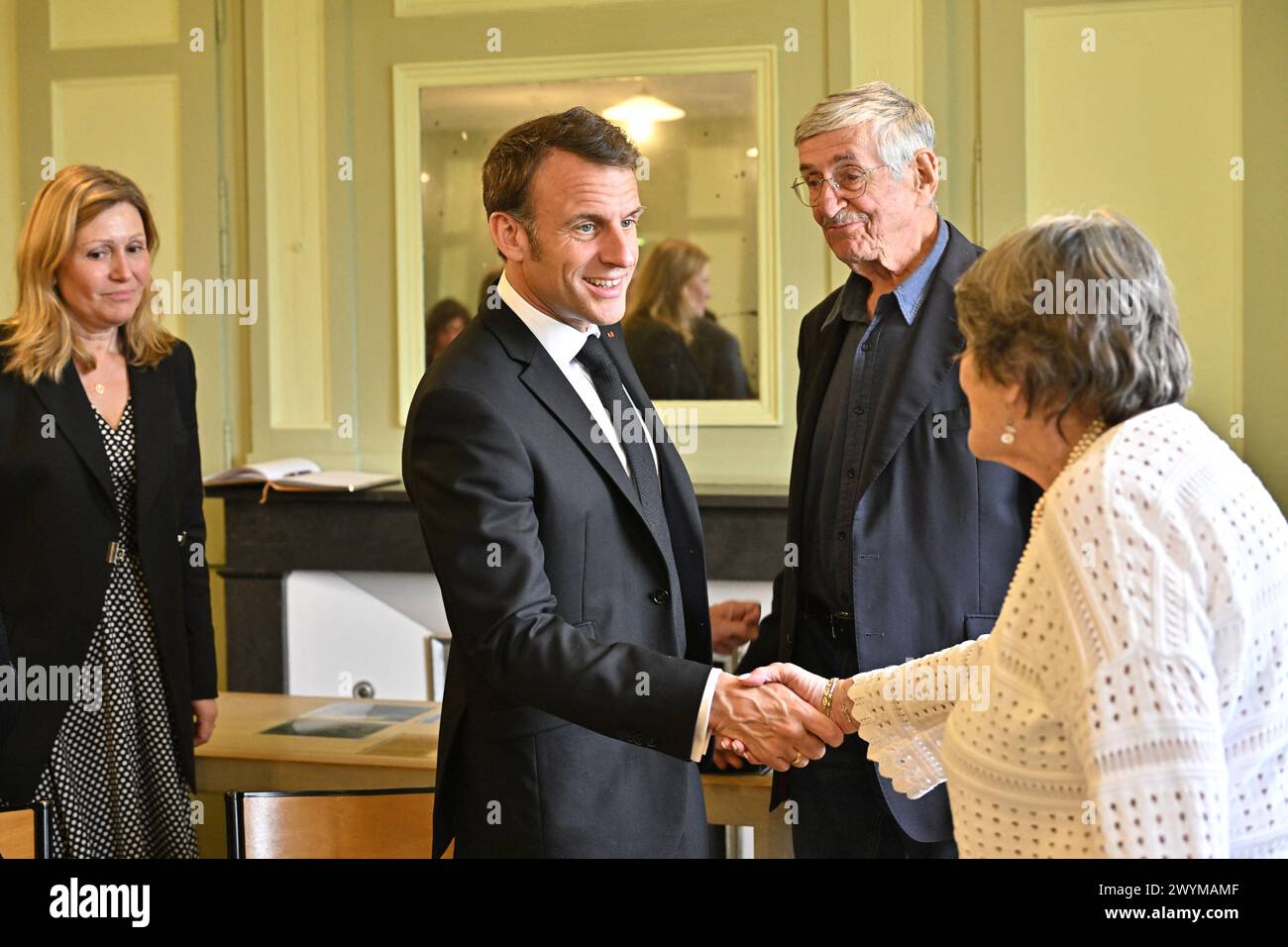 Izieu, France. 07th Apr, 2024. French President Emmanuel Macron flanked ...