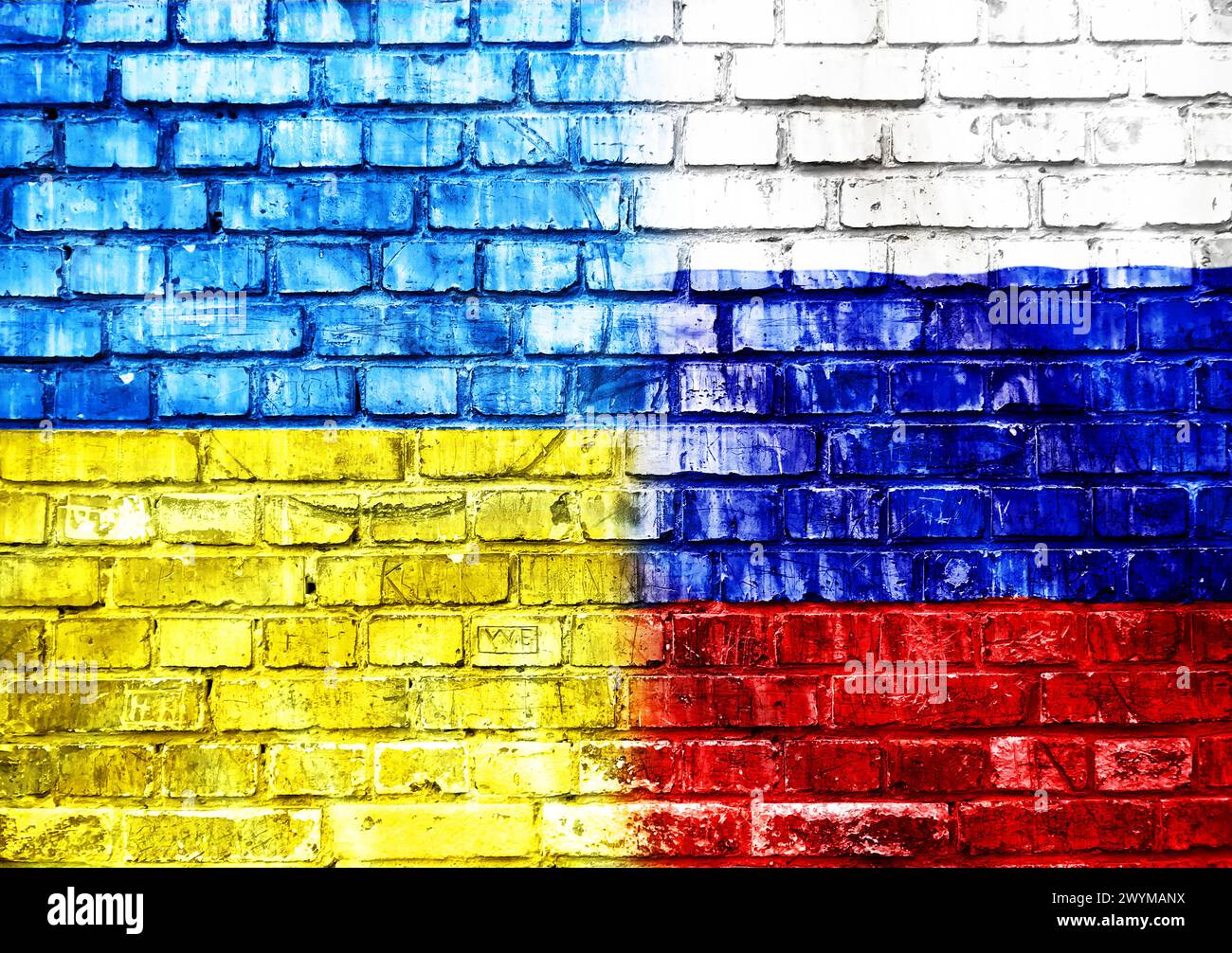 A brick wall with a flag on it. The flag is blue, white and red. The ...