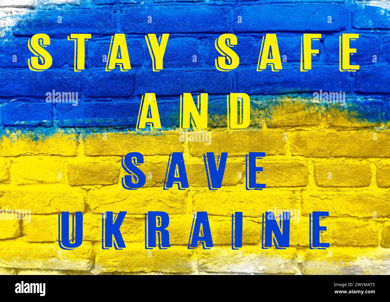A blue and yellow sign that says Stay Safe and Save Ukraine. The sign ...
