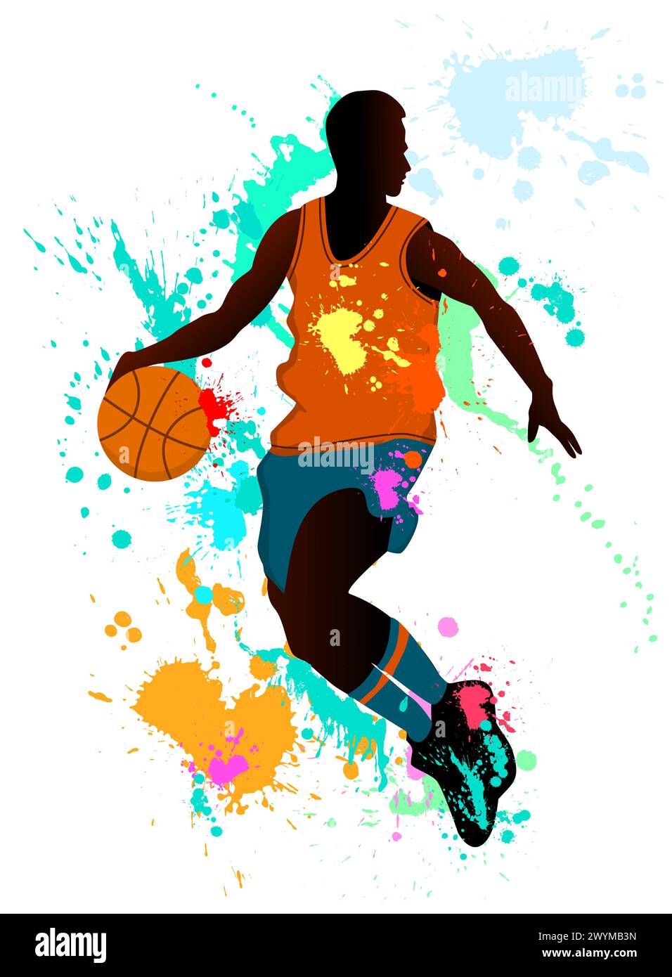 Silhouette of an athlete against the background of multi-colored spots ...