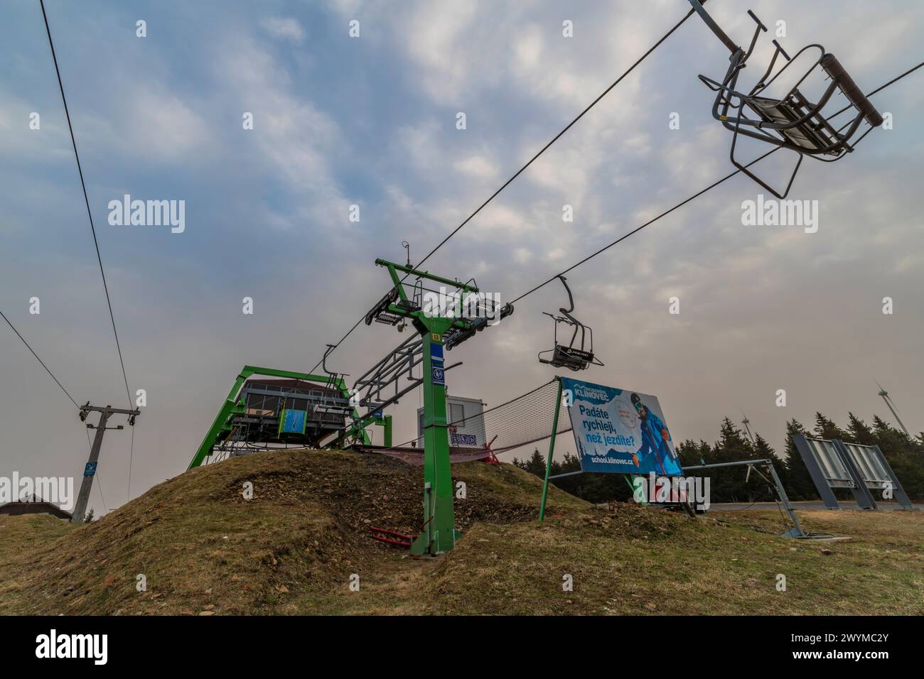 Morning landscape with ski lift and snow cannons in Bozi Dar CZ 03 30 ...