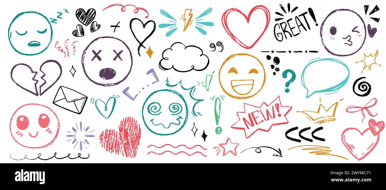 Hand drawn set of colorful charcoal doodle emoji faces with different ...