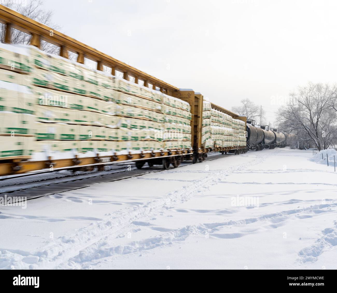 Freight train carrying goods passes in fresh winter snow Stock Photo ...