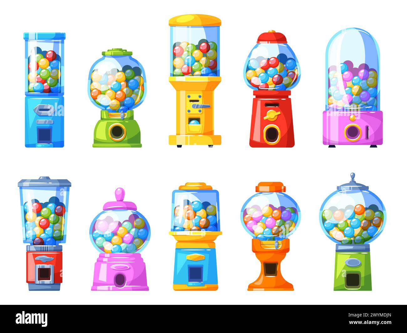 Retro gumballs vending machines. Glass candies dispensers different shapes, color round bubble ...