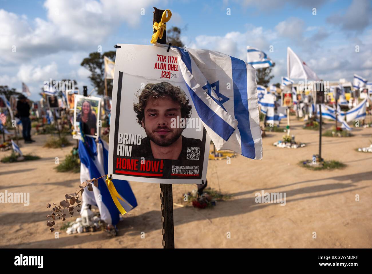 March 18, 2024, Re'im, Israel: A poster of Alon Ohel, taken hostage ...