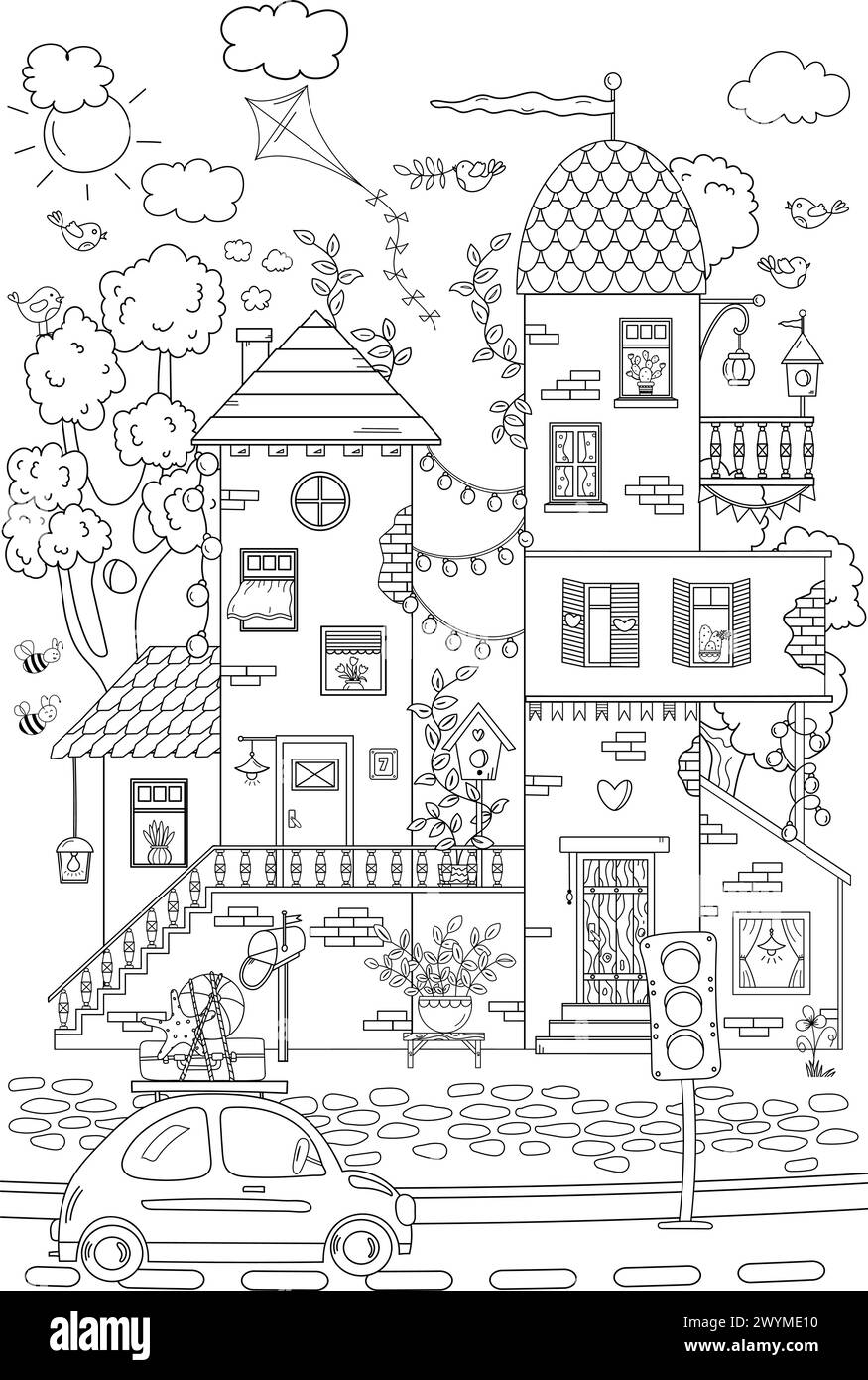 Anti-Stress Coloring Page With A Cute House For Children And Adults ...