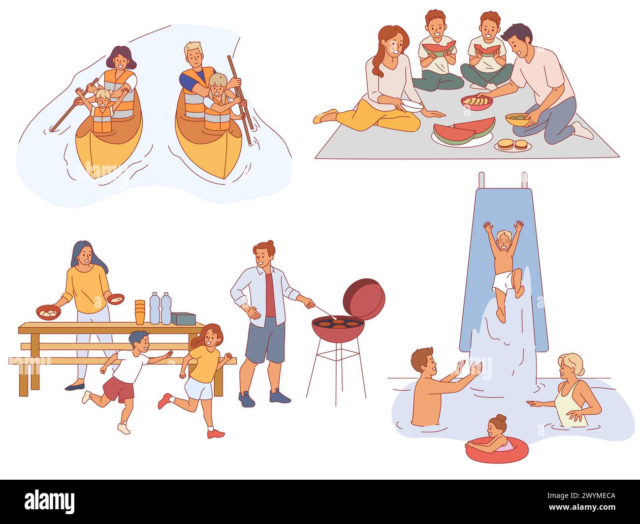 Family pastime. Happy parents with children actively relaxing, river ...