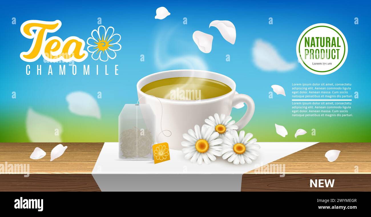 Chamomile tea poster. Herbal beverage advertising banner design ...