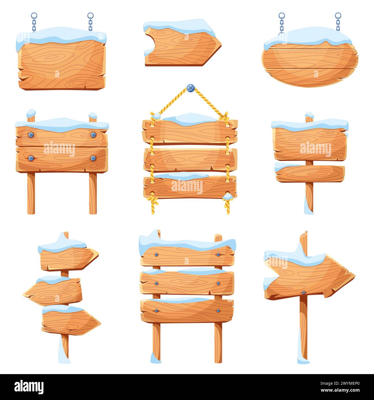 Cartoon snow covered wooden sign boards. Winter empty banners, ui game ...