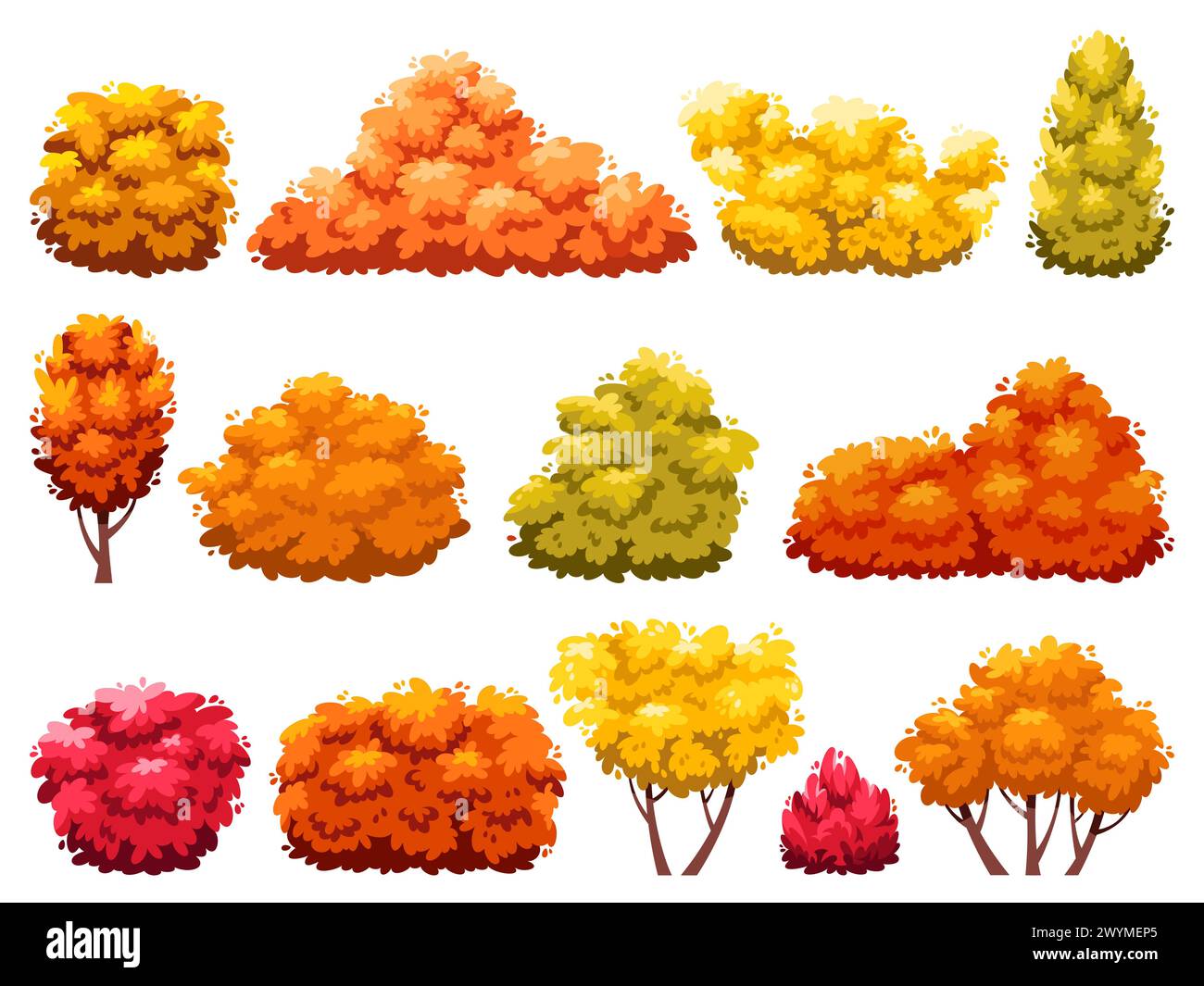 Cartoon autumn bushes. Garden yellow orange and red plants, fading ...