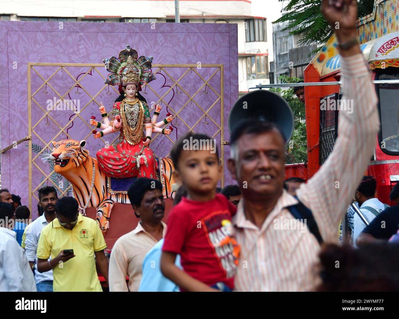 MUMBAI, INDIA - APRIL 7: Devotees carrying the Idol Goddess Durga for ...