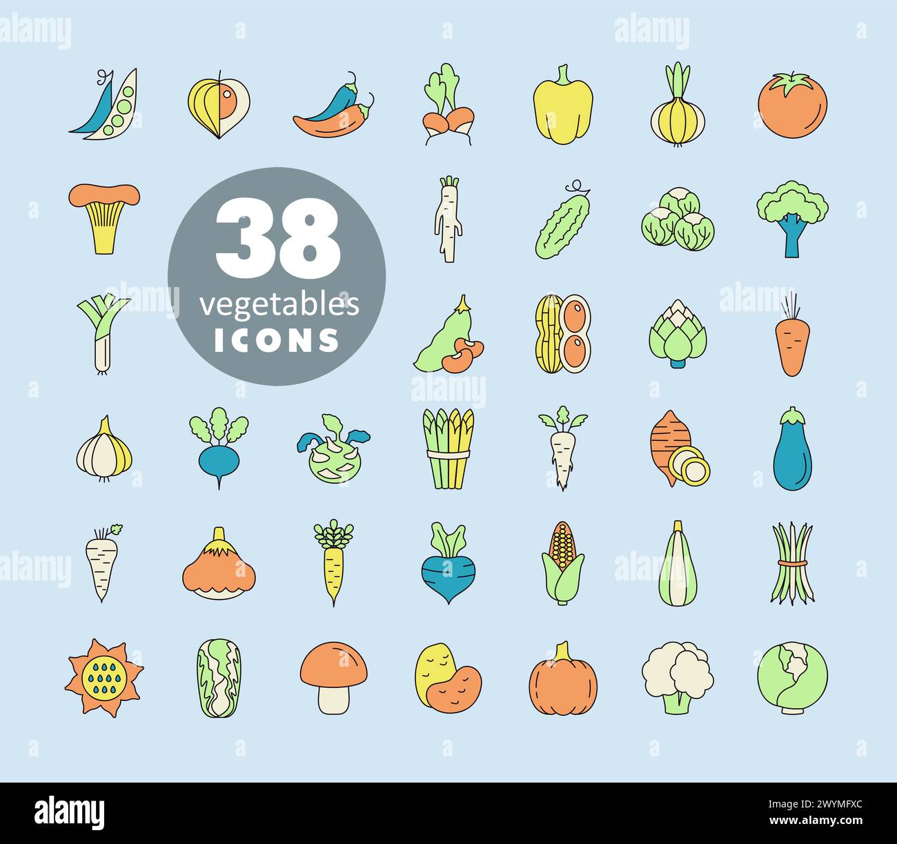 Vegetables isolated vector icons set. Graph symbol for food and drinks ...