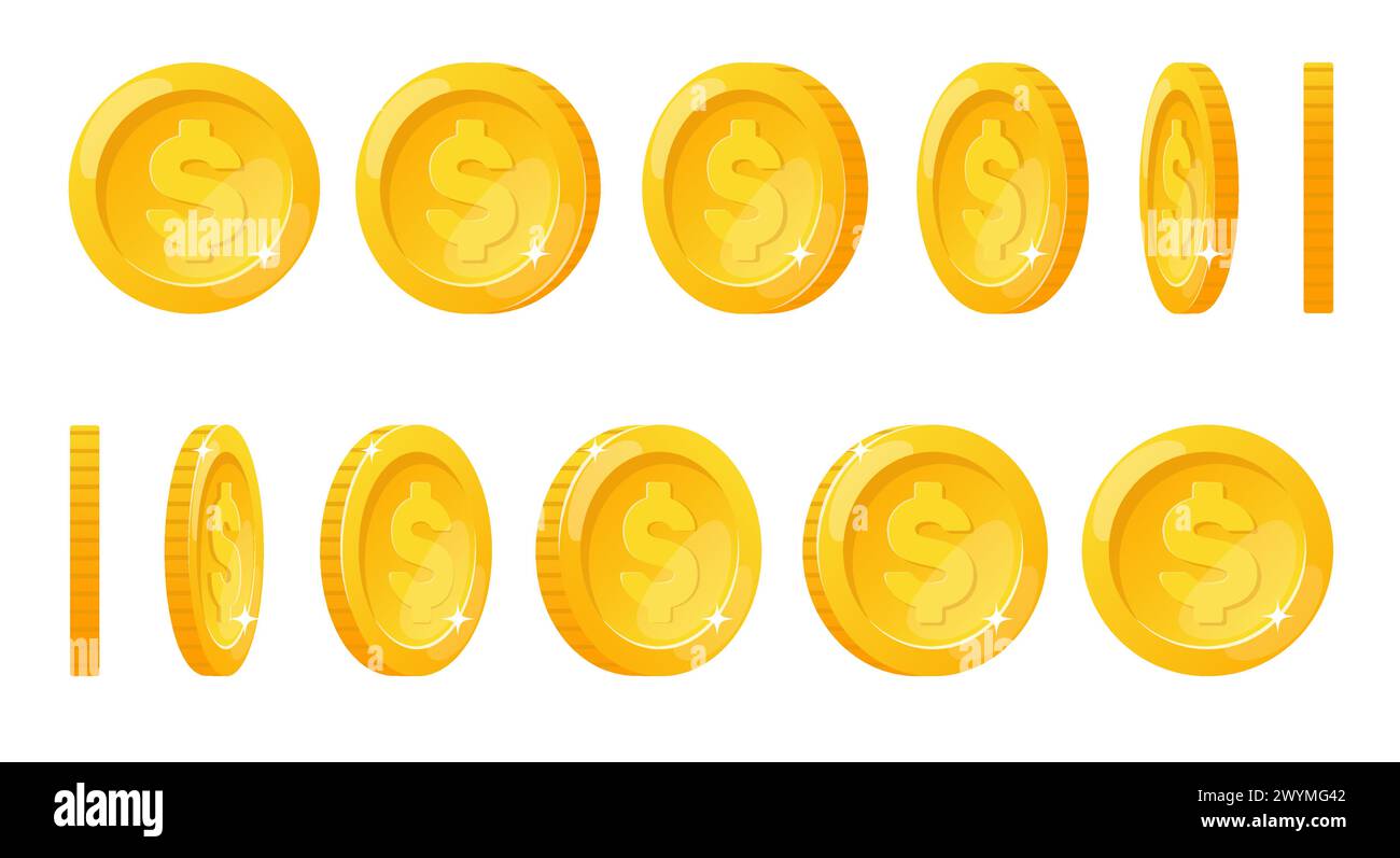 Gold coin. Money vertical rotating in different positions. Currency cash various angles for ...