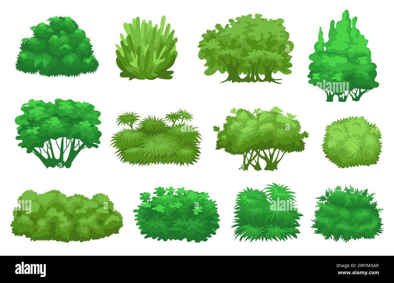 Cartoon green summer bushes. Garden plants. Shrubbery tree different ...