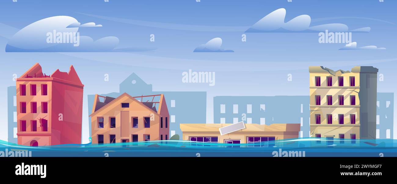 Flood in city. Natural disaster. Houses or buildings destroyed by water ...