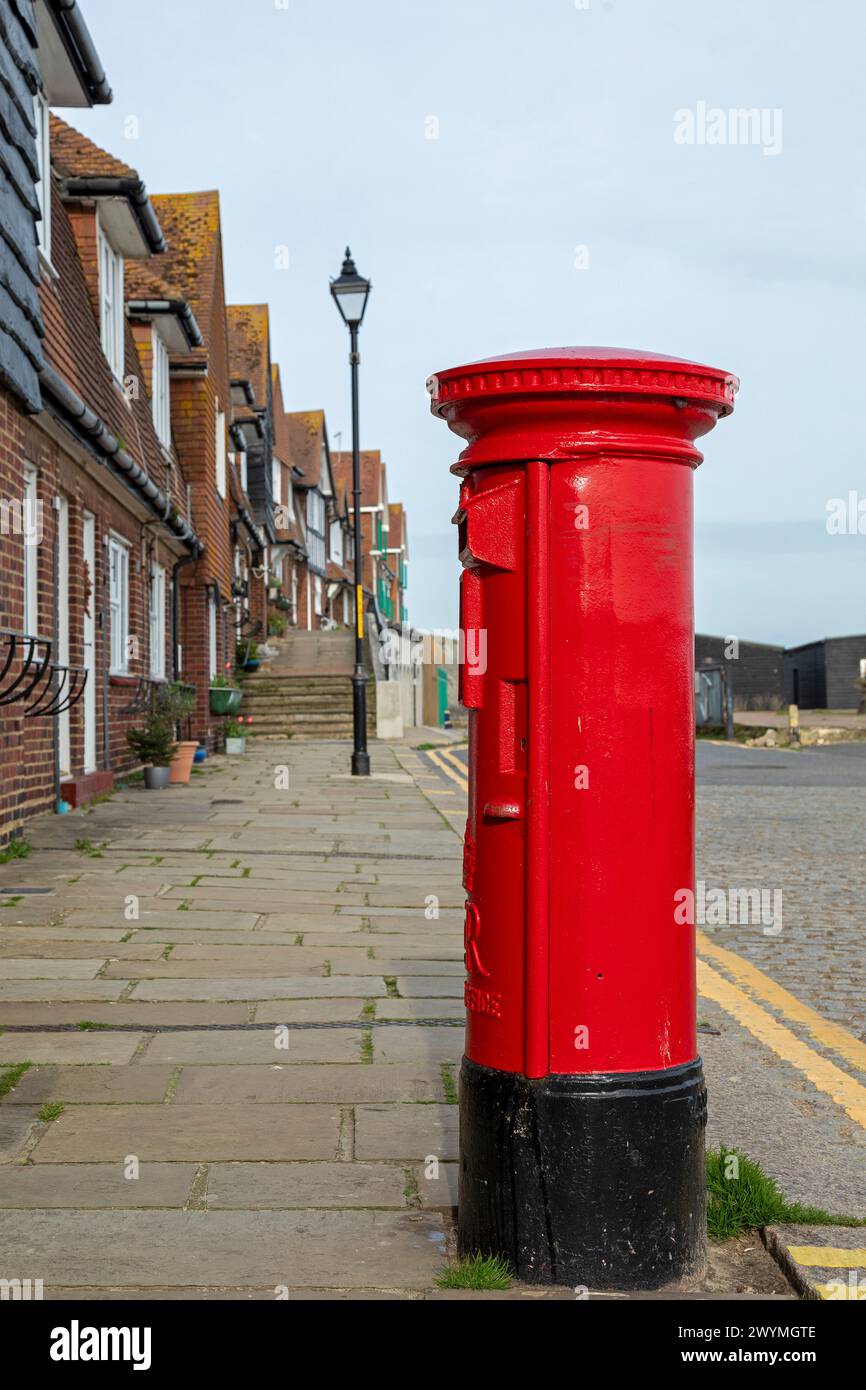 Red letter box, street The Stade, harbour, Folkestone, Kent, England ...