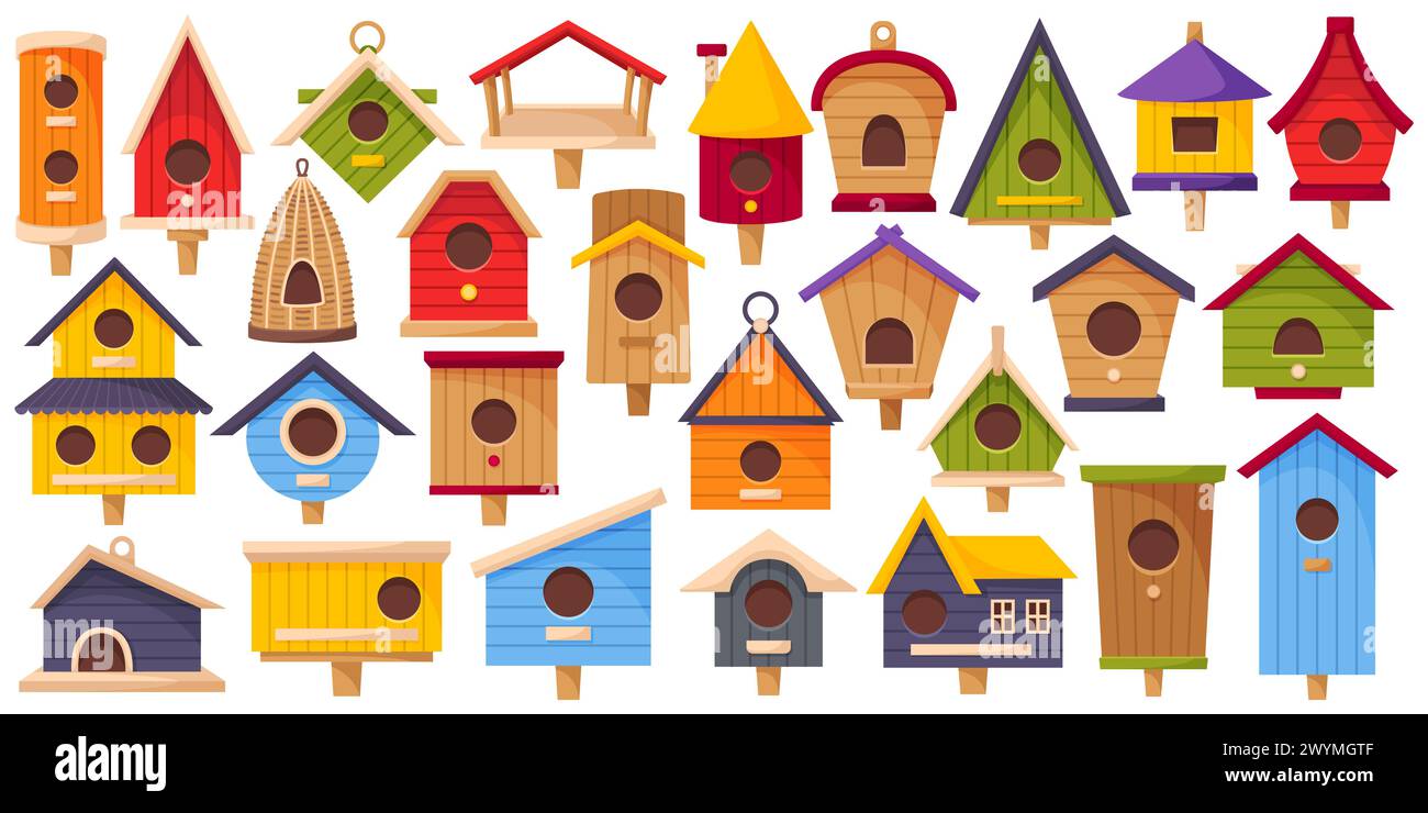 Bird houses. Color wooden birdhouses. Handmade craft feeders. Different ...
