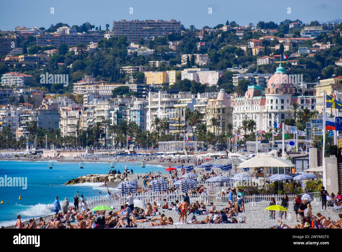 Nice, France. 5th October 2019. Busy beaches next to Promenade des ...