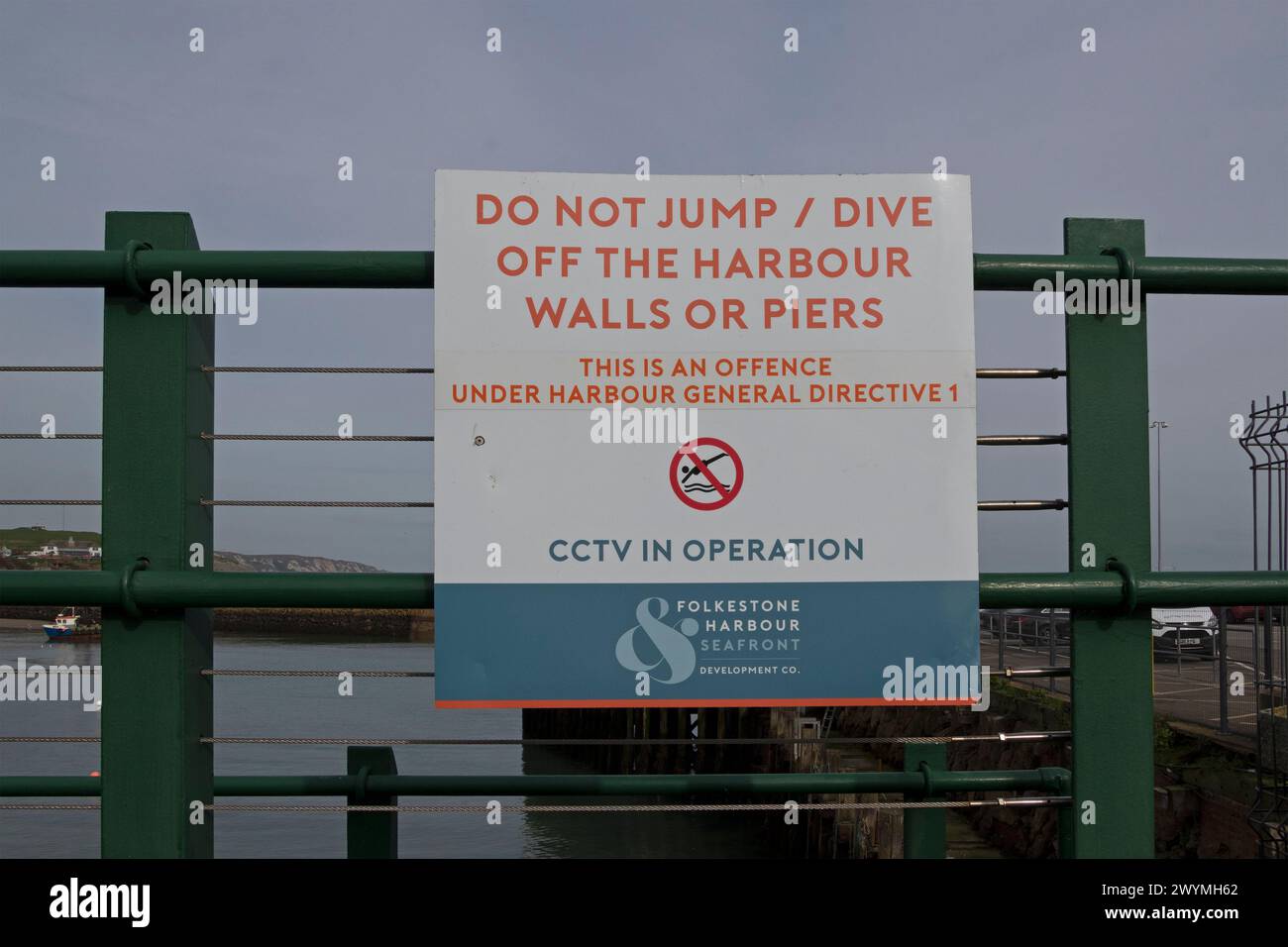 Warning sign, not to jumpf off the bridge, harbour, Folkestone, Kent ...